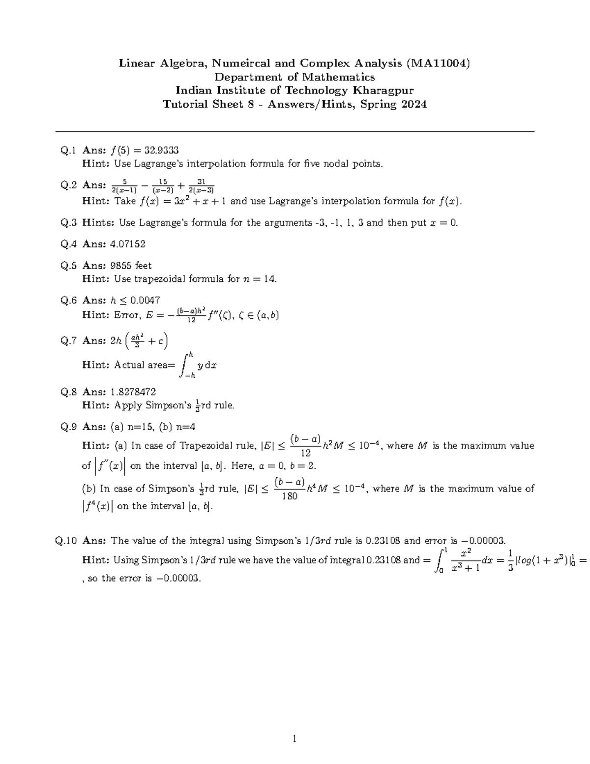 Hints 8 - Summary Basic Engineering Mechanics - Linear Algebra, Numeircal and Complex Analysis ...