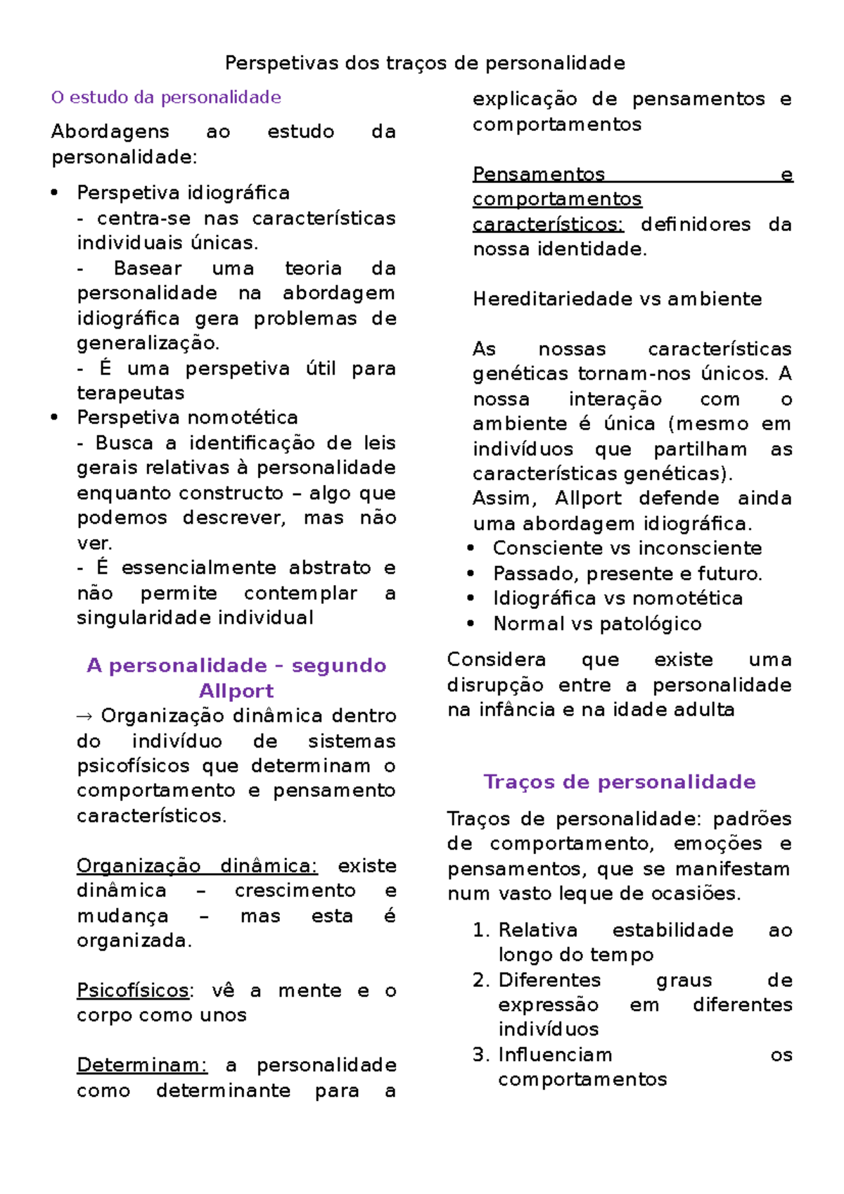Resumo perspetivas e traços de personalidade - Perspetivas dos traços ...