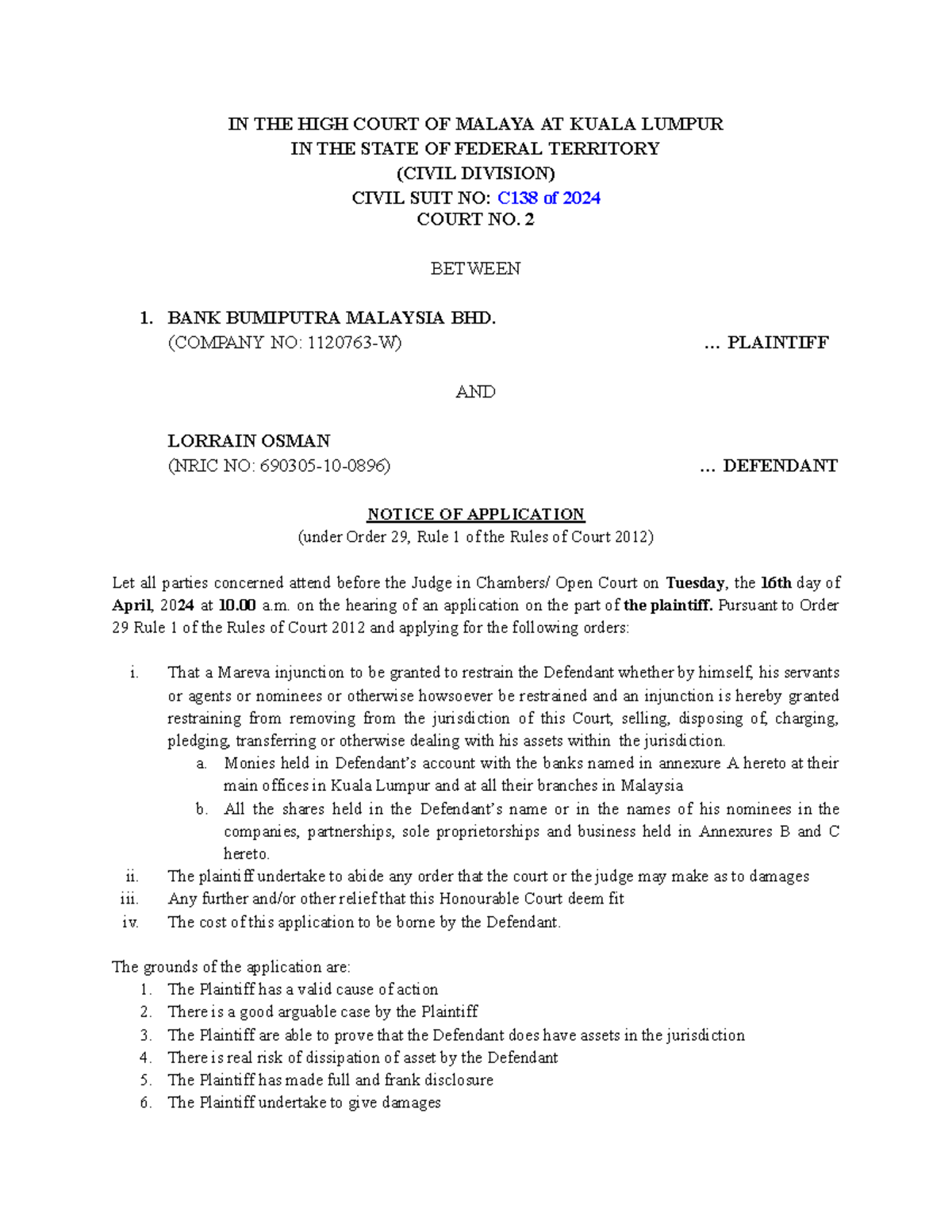 drafting exercise Form 57- NOA - IN THE HIGH COURT OF MALAYA AT KUALA ...