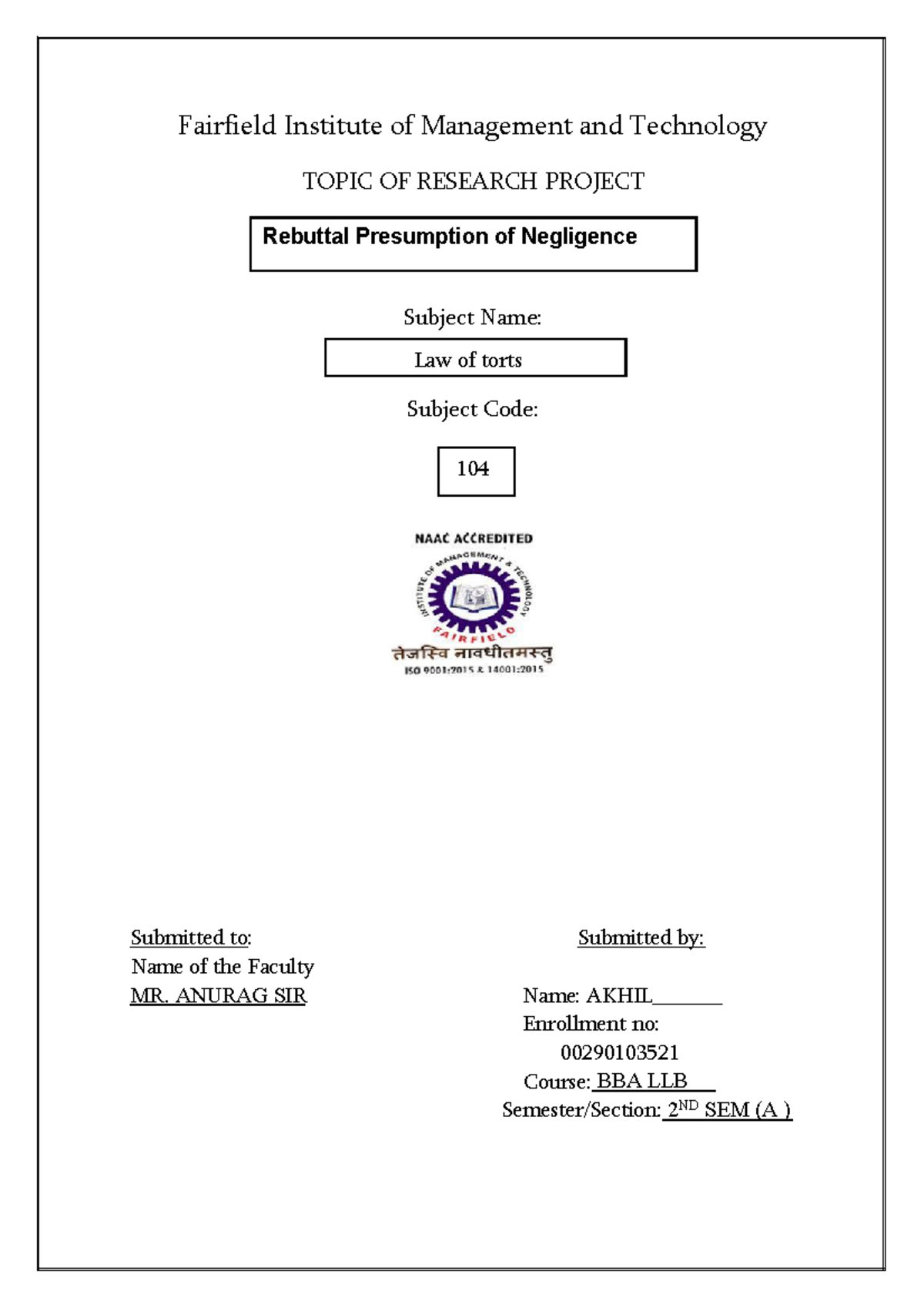 Tort assignment semester 2 - Fairfield Institute of Management and ...