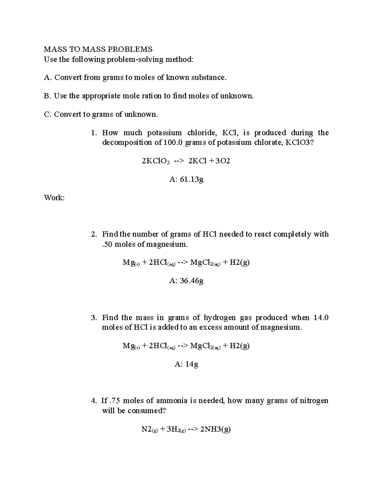 Practice Problems - MASS TO MASS PROBLEMS Use the following problem ...