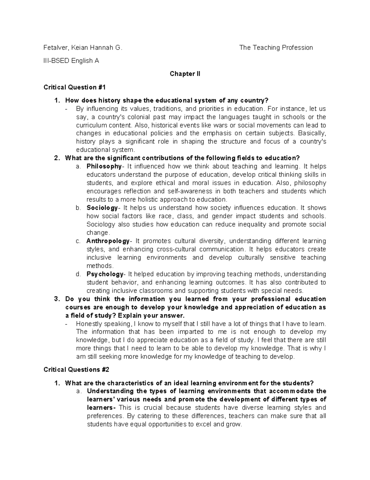 Maam Minerva Activity - Fetalver, Keian Hannah G. The Teaching Profession III-BSED English A ...