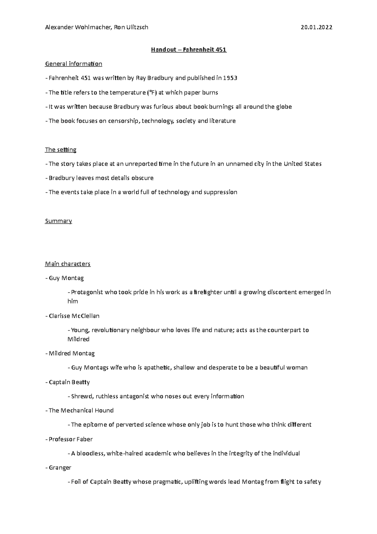 Handout - Fahrenheit 451 - Alexander Wohlmacher, Ron Ulitzsch 20 ...