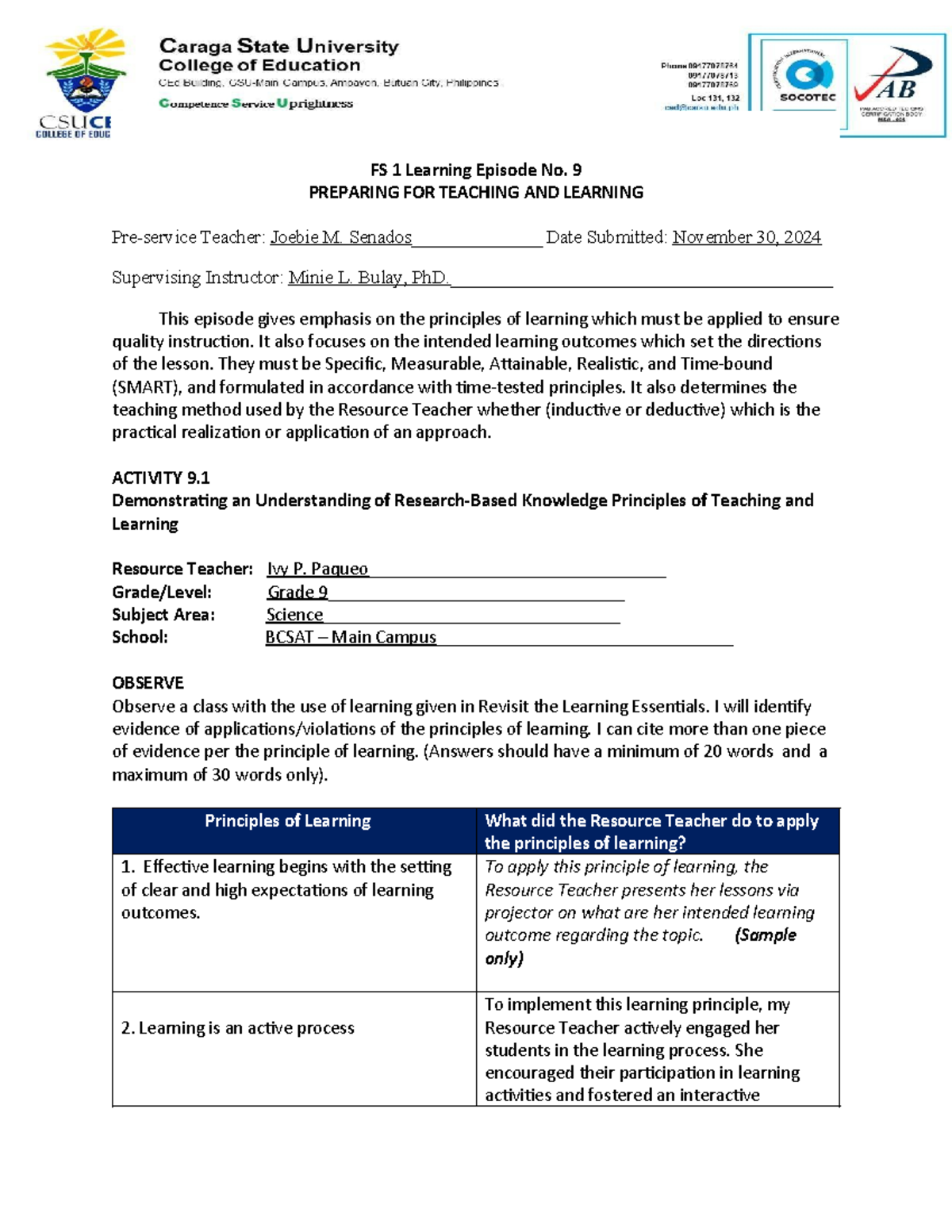 FS 1 Learning Episode 9 - FS 1 Learning Episode No. 9 PREPARING FOR ...