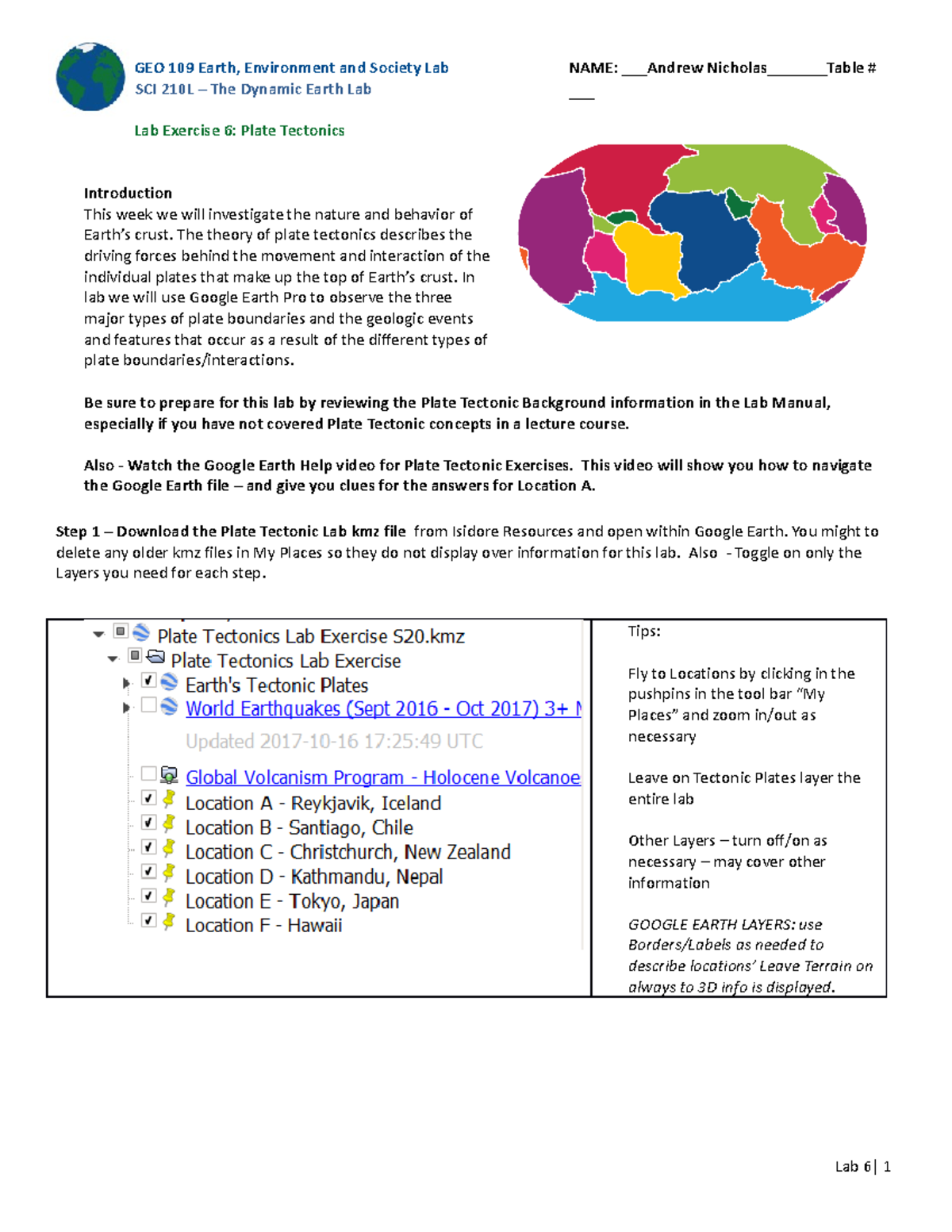 GEO109 SCI210 Lab+6+Plate+Tectonics+SP23-1 - GEO 109 Earth, Environment ...