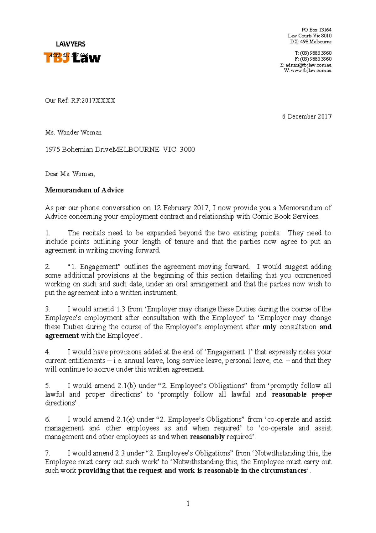 Memorandum of Advice (Example) - March 2021 - PO Box 13164 Law Courts ...