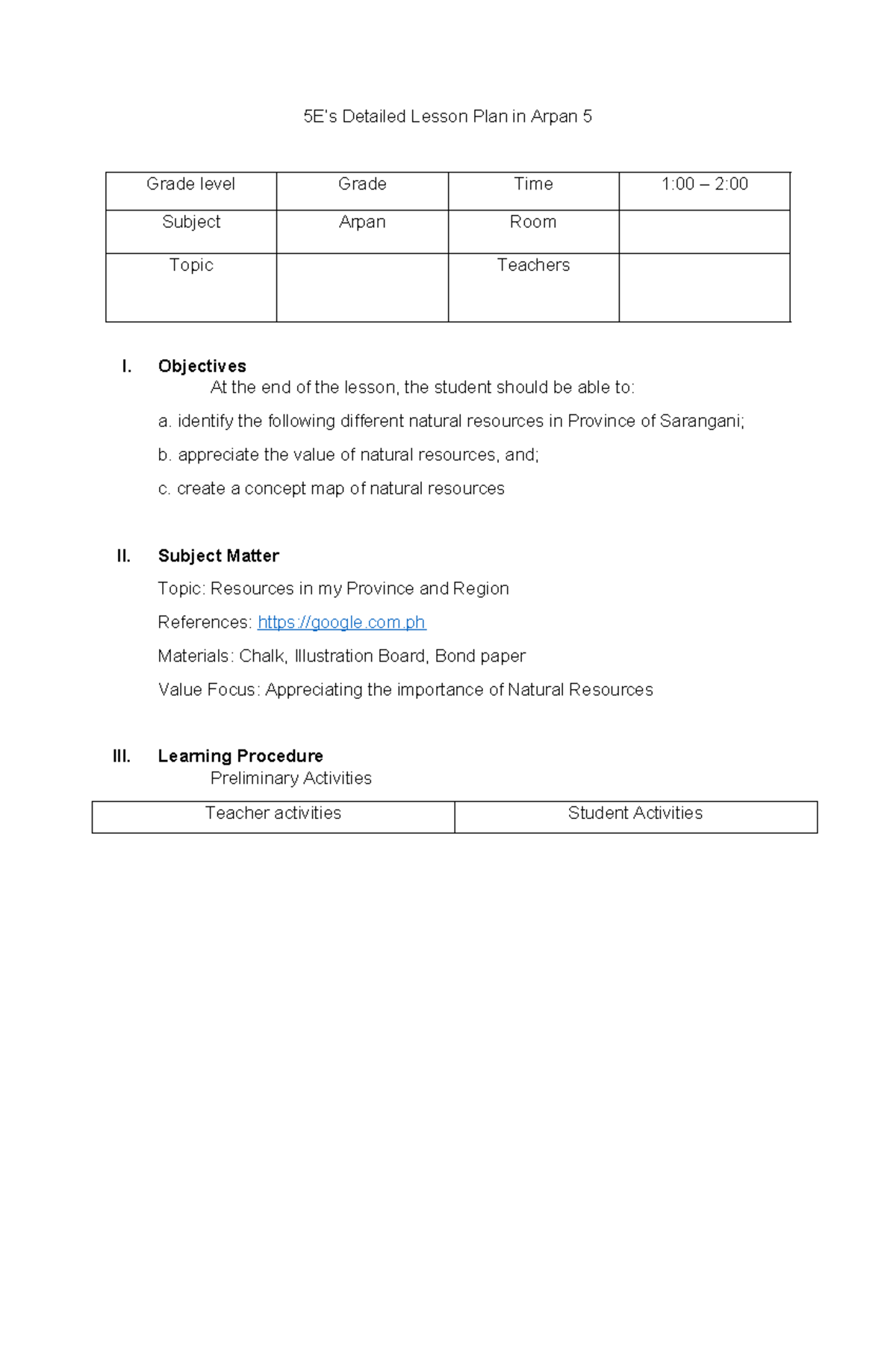 5E's deatiled LP Mstrat 3 - 5E’s Detailed Lesson Plan in Arpan 5 Grade ...