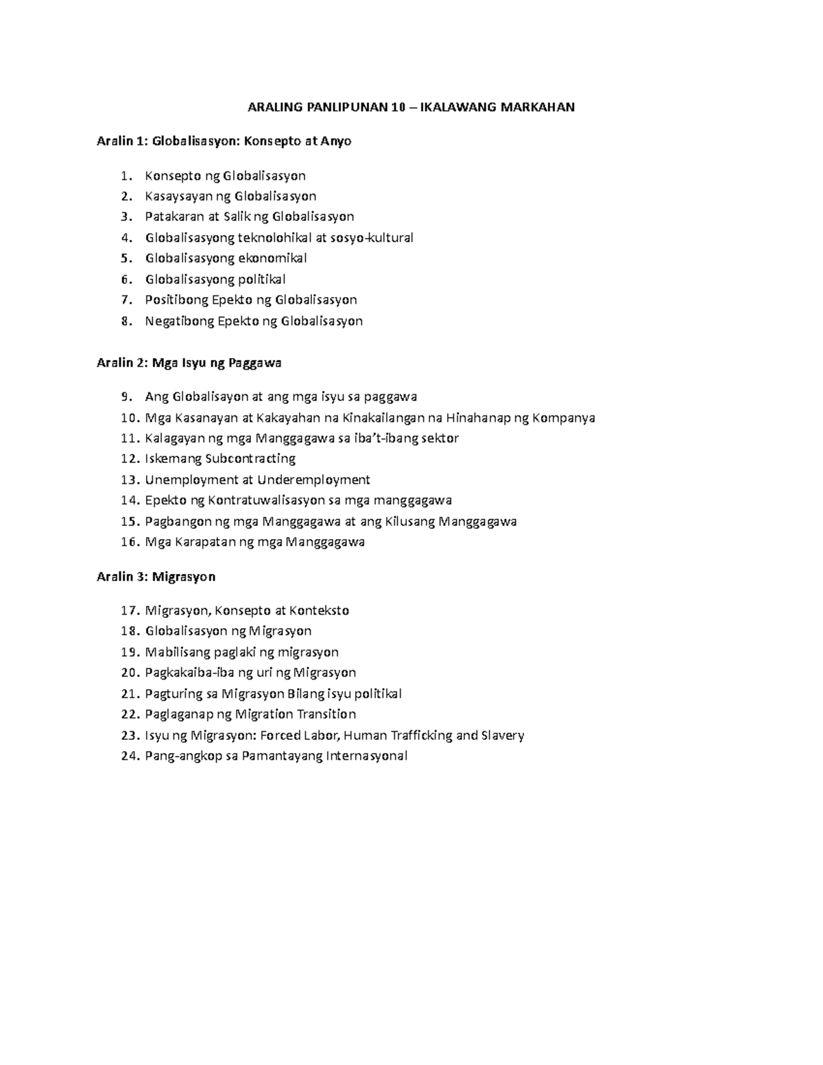 Ap10 q2 - summary of lesson in ap10 quarter 2 - ARALING PANLIPUNAN 10 ...