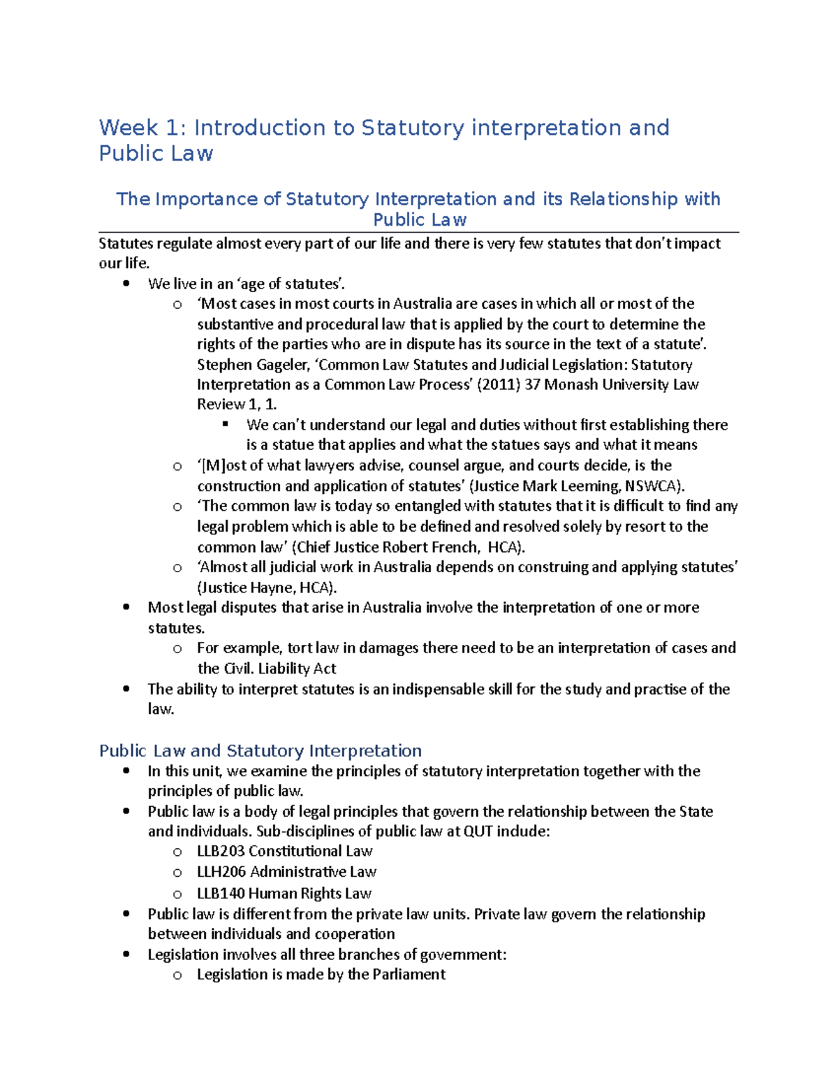 LLB107 Lecture Note - Week 1: Introduction to Statutory interpretation ...