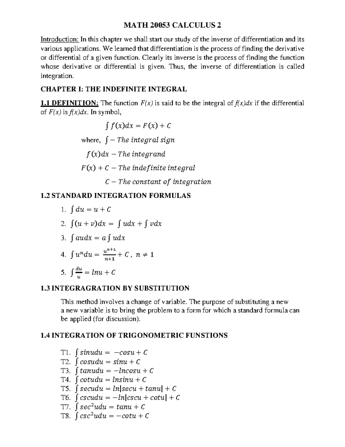 Calculus 2 Formulas - MATH 20053 CALCULUS 2 Introduction: In this ...