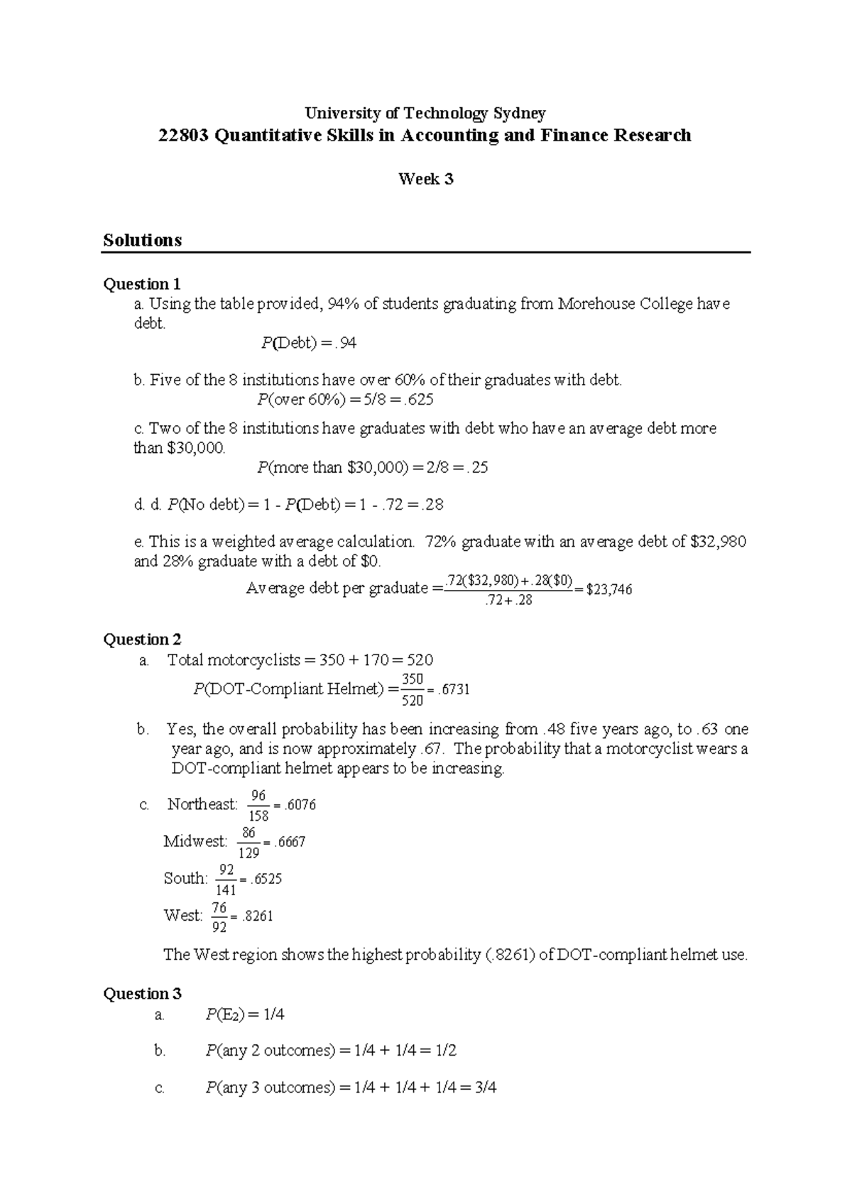 Homework W3 Ch4 Solutions - University of Technology Sydney 22803 ...