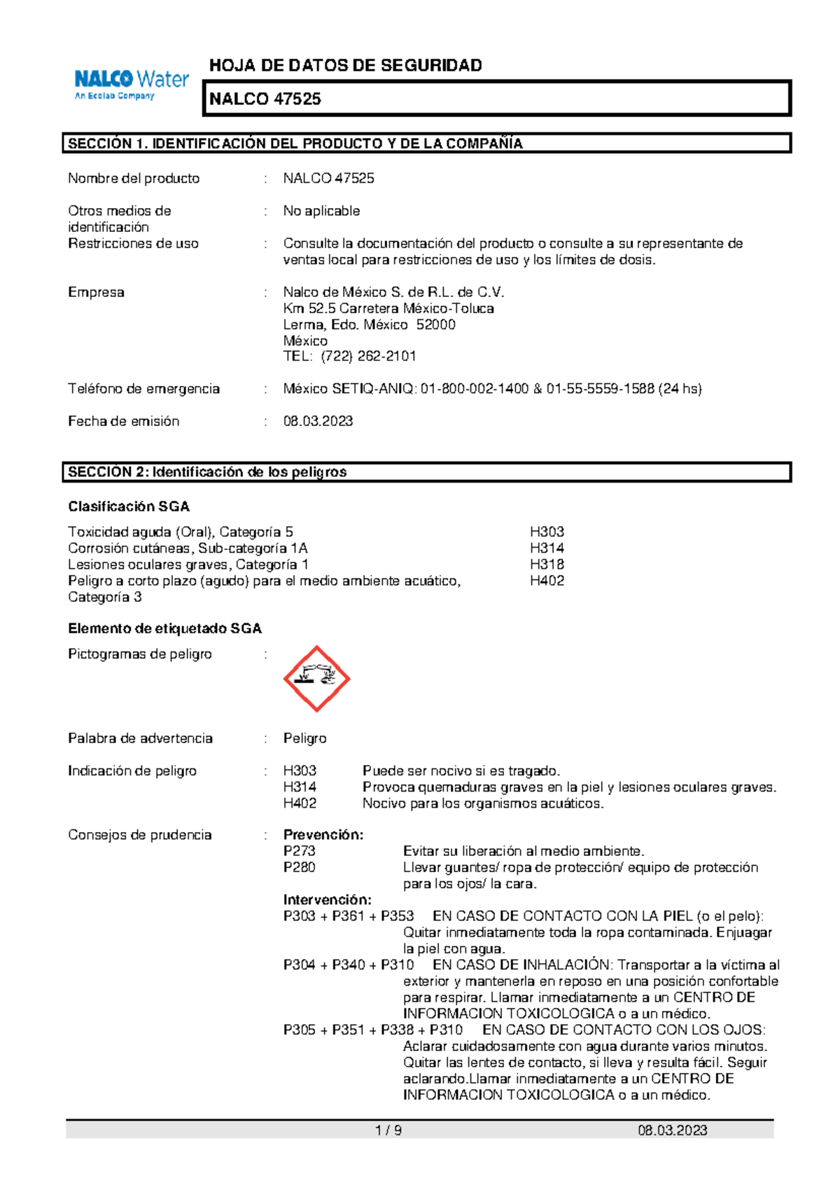 Nalco 47525 - NALCO 47525 SECCIÓN 1. IDENTIFICACIÓN DEL PRODUCTO Y DE ...