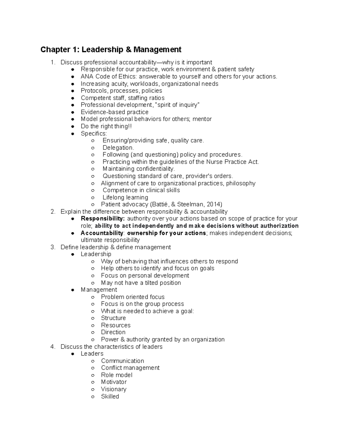 MOC test 1 - Study guide - Chapter 1: Leadership & Management Discuss ...