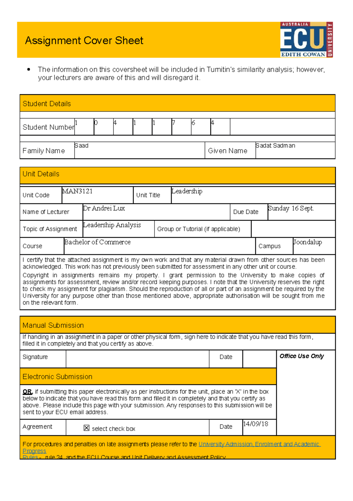 Leadership Analysis completed - Assignment Cover Sheet The information ...