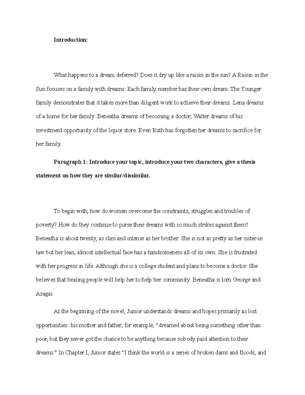 Character Comparison Essay - Introduction: What happens to a dream ...