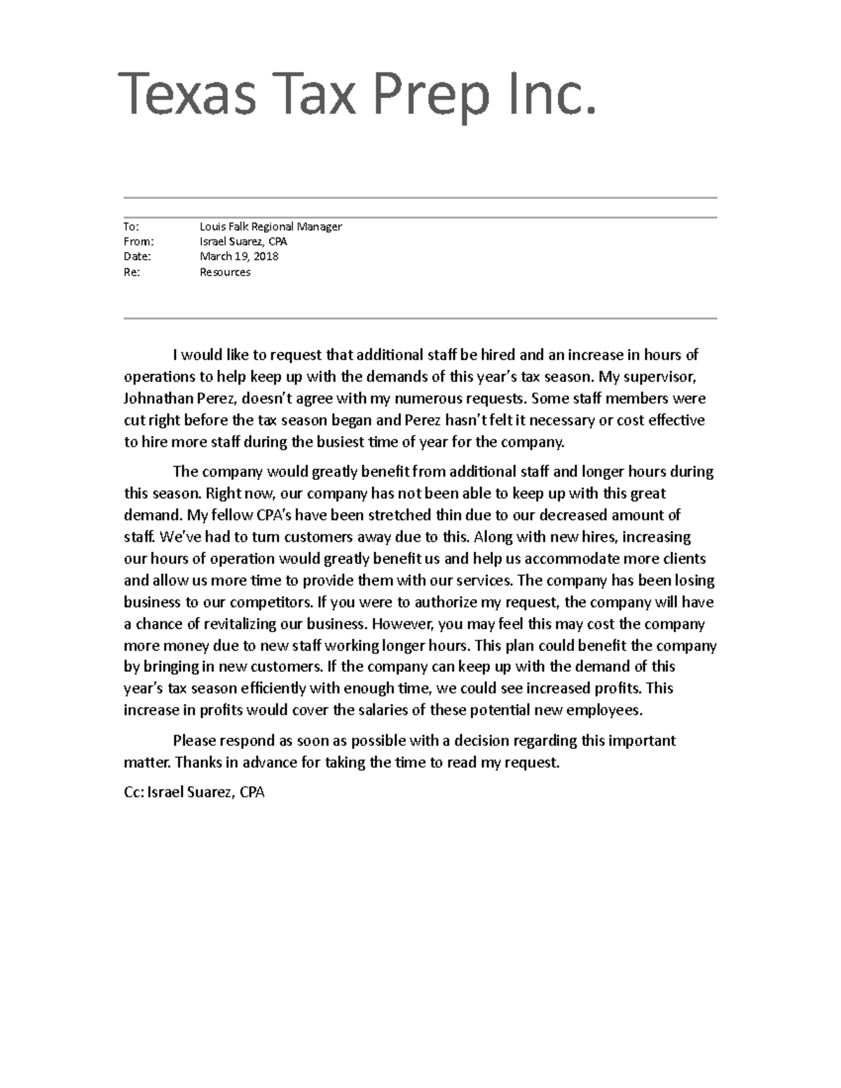 Memo - Memo created by myself - Texas Tax Prep Inc. To: From: Date: Re ...