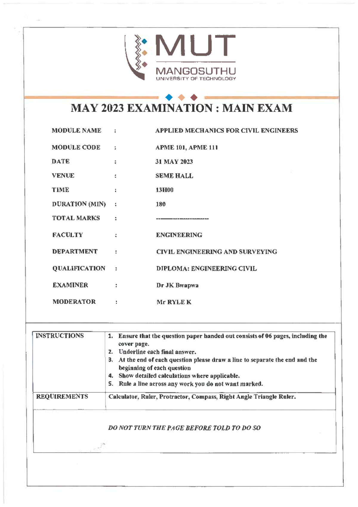 Applied Mech 03 - 2023 - MUT MANGOSUTHU UNIVERSITY OF TECHNOLOGY MAY ...