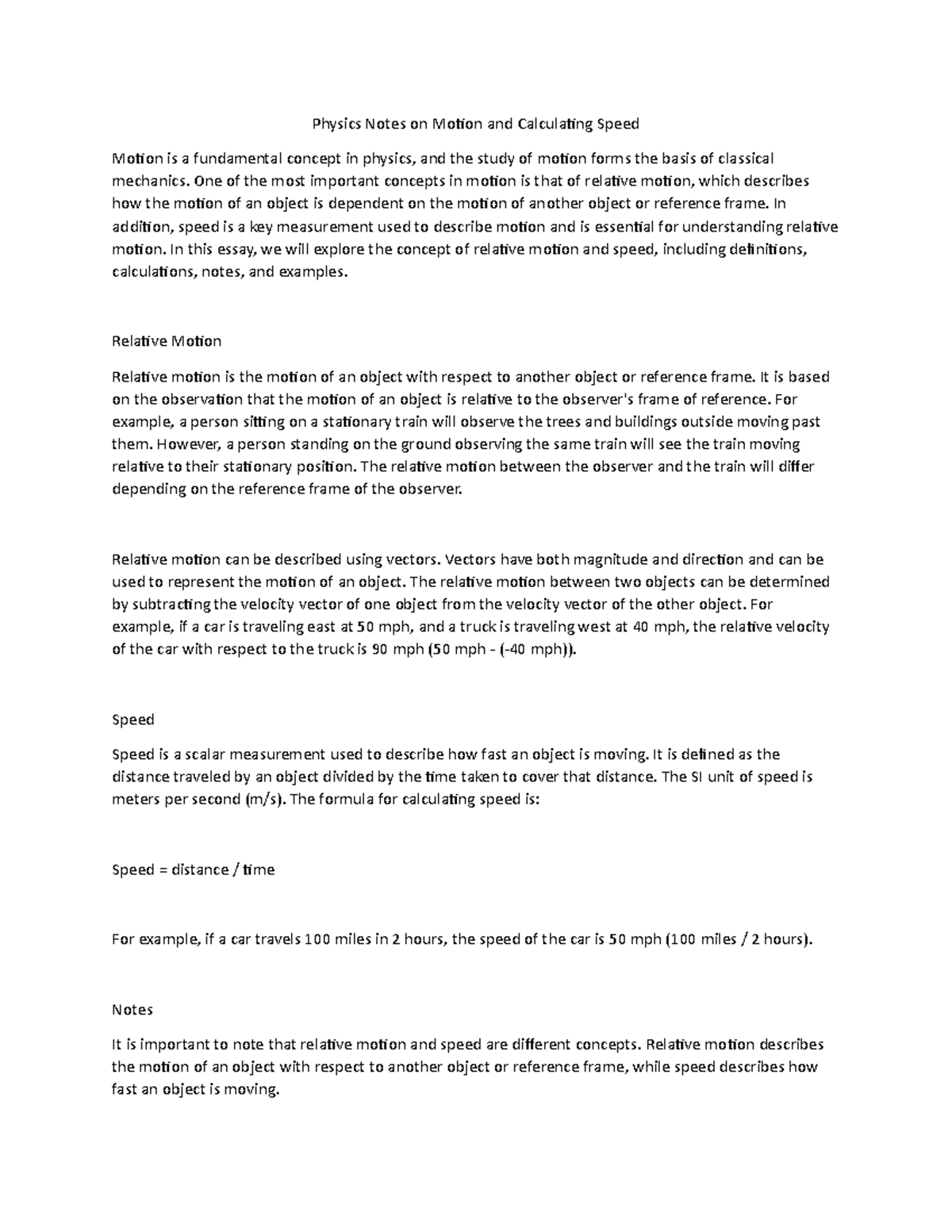 Physics Notes on Motion and Calculating Speed - One of the most ...