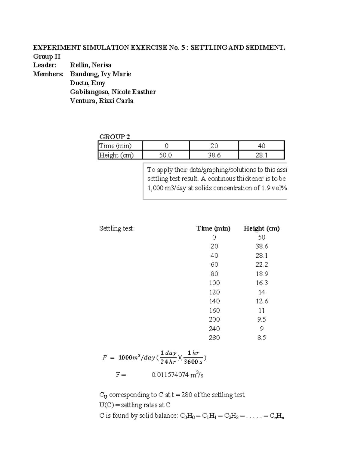 Settling Sedimentation - EXPERIMENT SIMULATION EXERCISE No. 5 ...