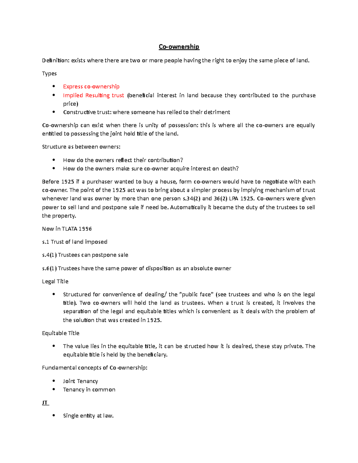 Co-ownership - Lecture notes Whole topic - Co-ownership Definition ...