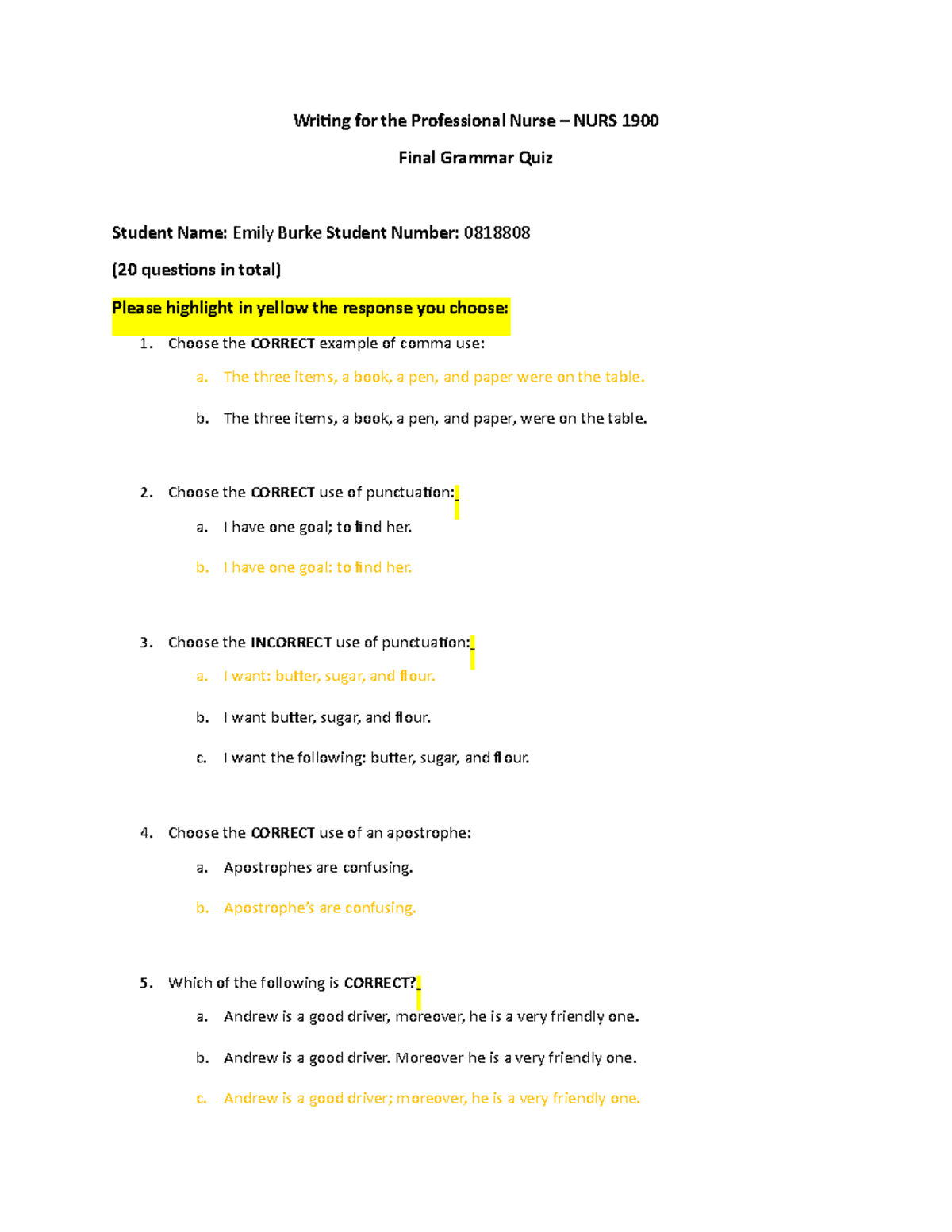 NURS 1900 Final Grammar Quiz - Wri$ng for the Professional Nurse – NURS ...