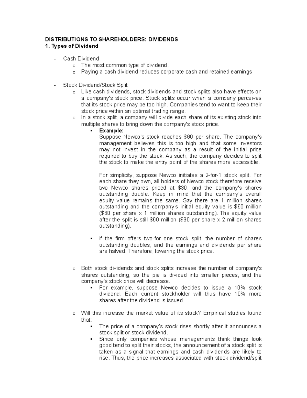 Topic 8 - Add Notes Dividend Policy - DISTRIBUTIONS TO SHAREHOLDERS ...