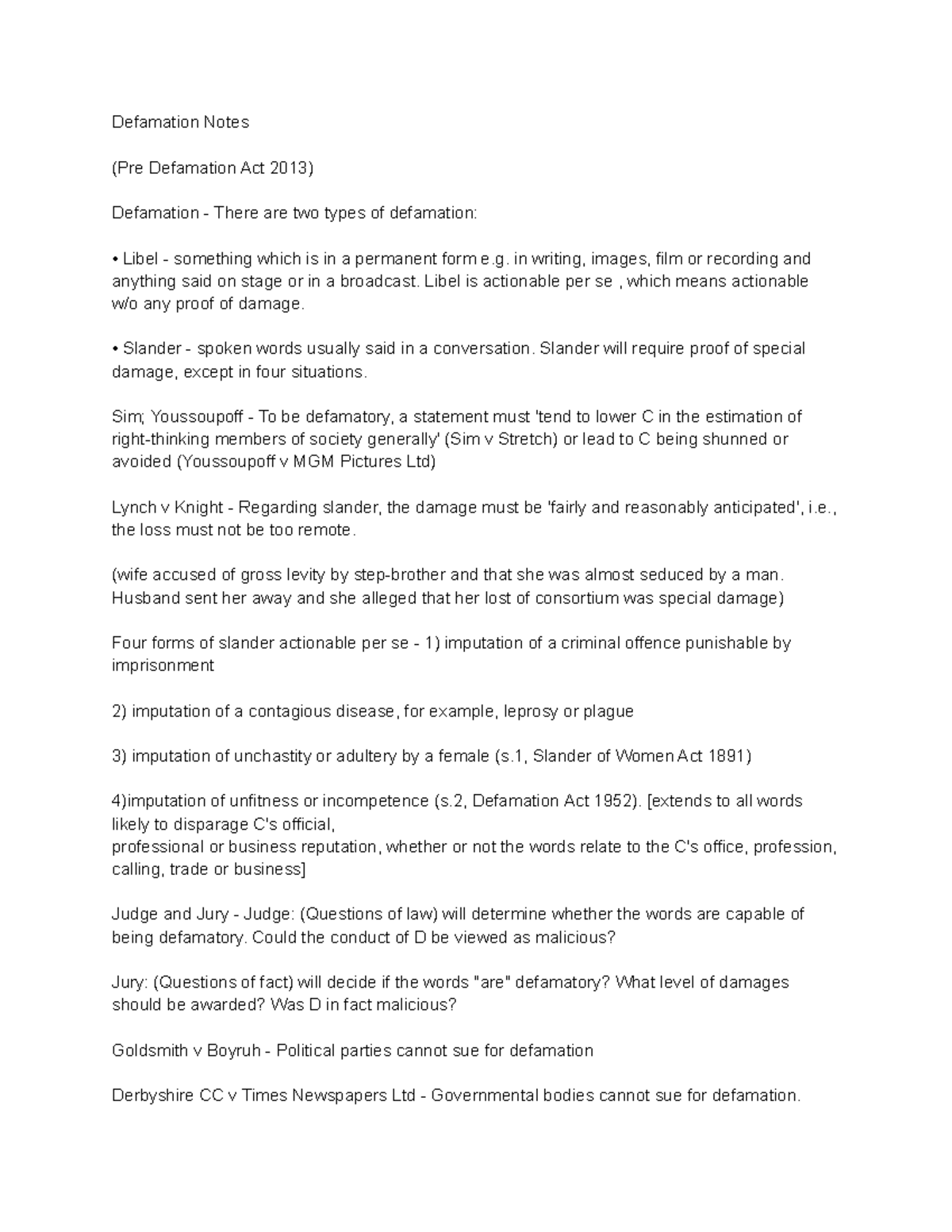 Defamation Notes - Defamation Notes (Pre Defamation Act 2013 ...