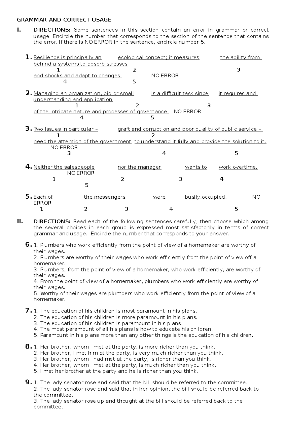 Practice Test CS Reviewer - GRAMMAR AND CORRECT USAGE I. DIRECTIONS ...