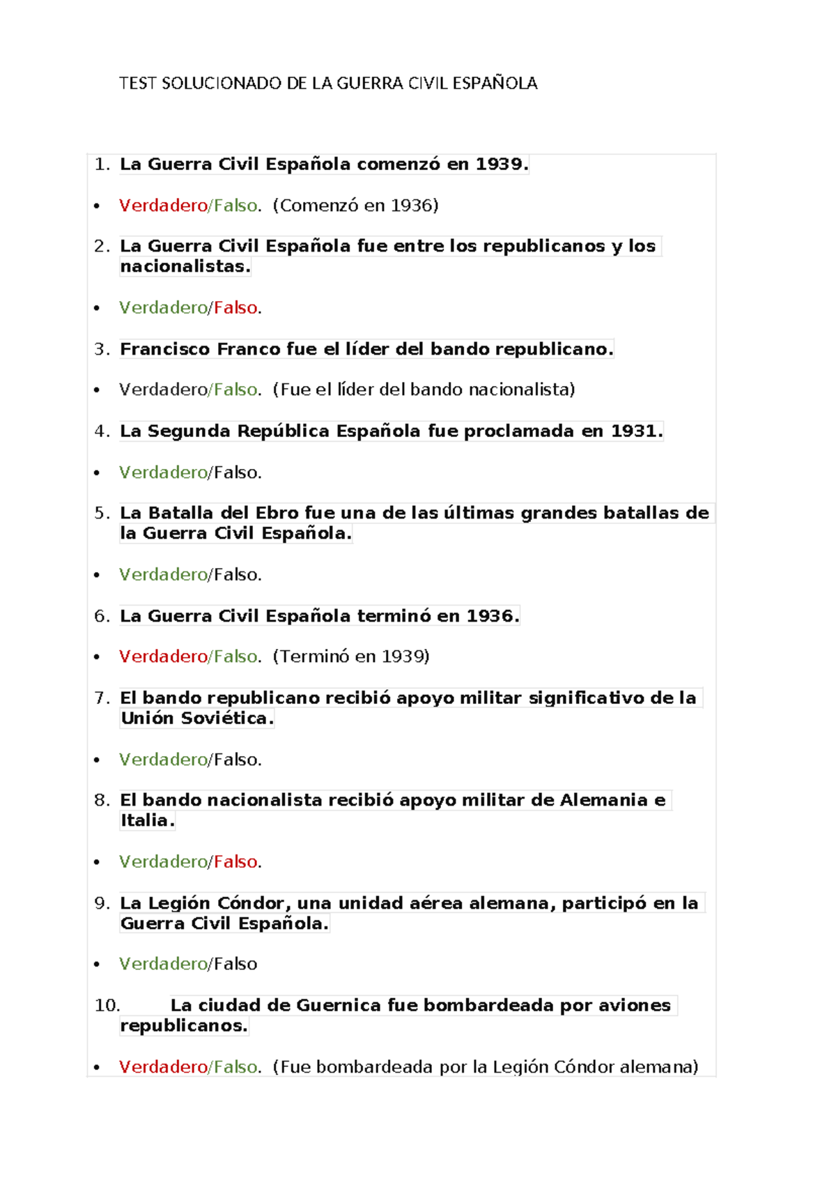 TEST La Guerra Civil Española - TEST SOLUCIONADO DE LA GUERRA CIVIL ...