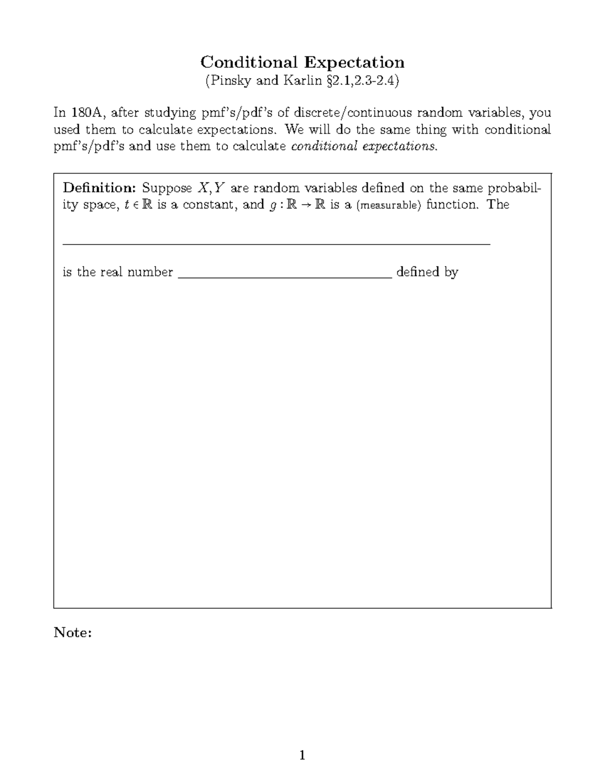 Conditional Expectation 1 Conditional Expectation Pinsky And Karlin