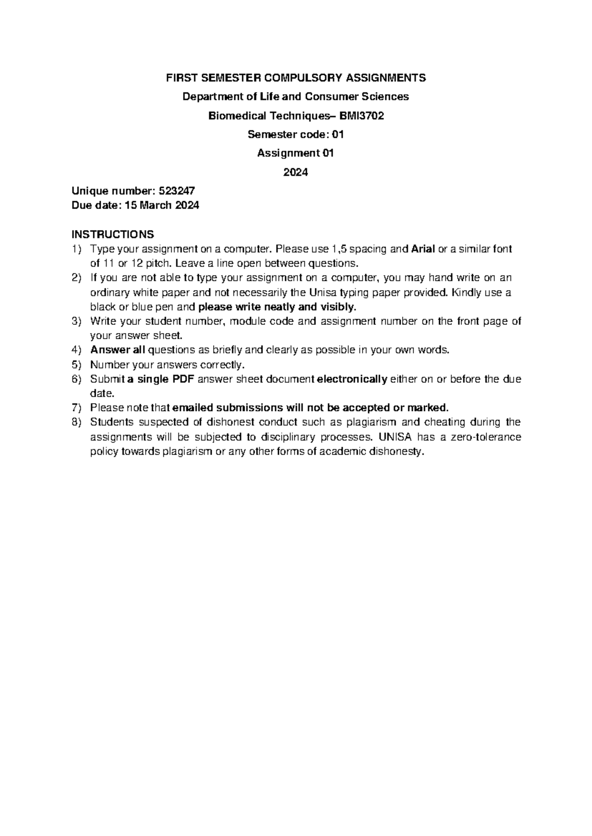 BMI3702 Semester 1 Assignment 1 - FIRST SEMESTER COMPULSORY ASSIGNMENTS Department of Life and ...