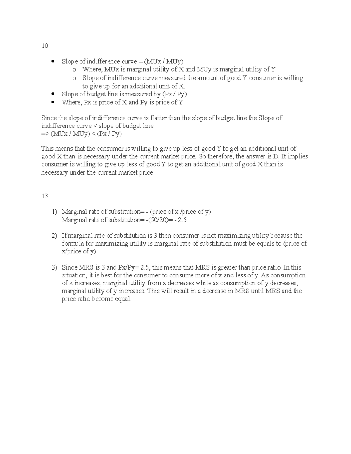ECP 6705 Test 1 Corrections - 10. Slope of indifference curve = (MUx ...