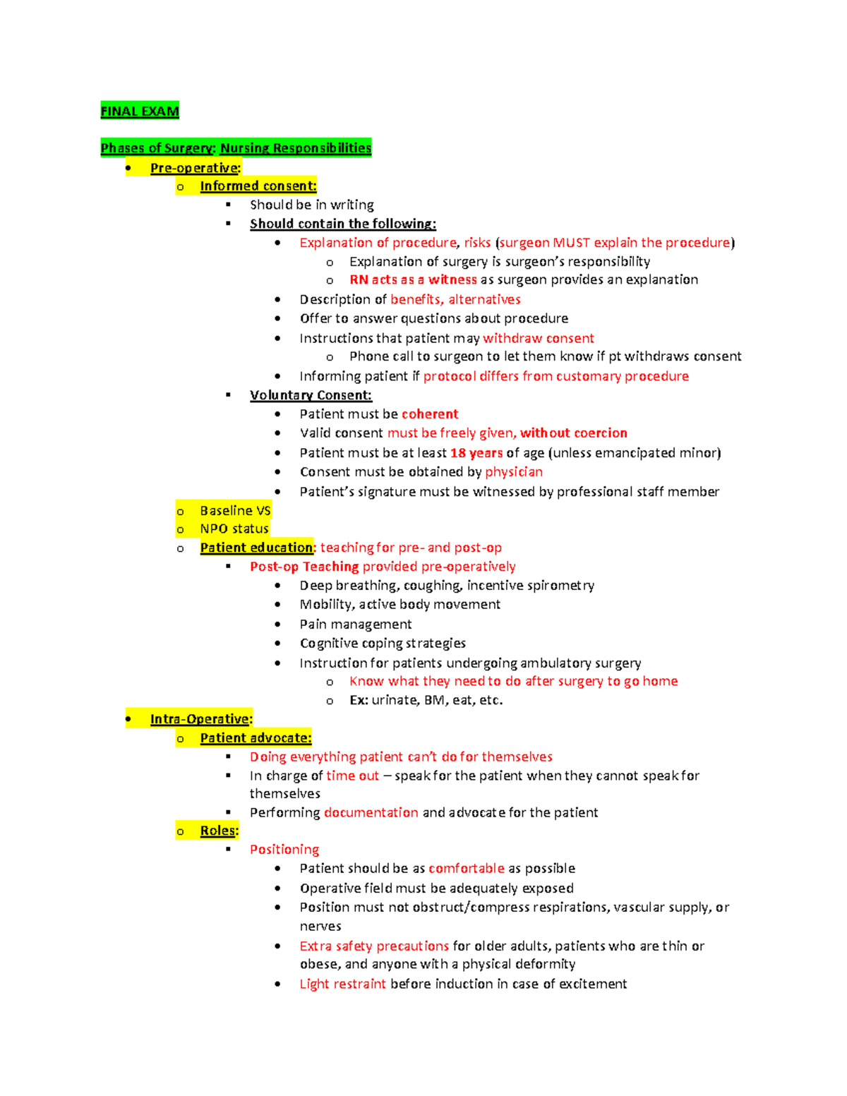 Adult Final Exam Review - FINAL EXAM Phases of Surgery: Nursing ...
