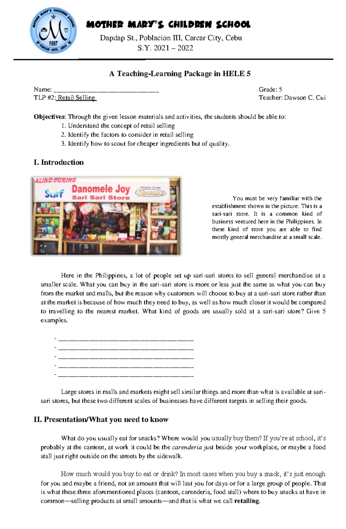 TLP 2 HELE 5 2021 - modules or learning materials used in class ...