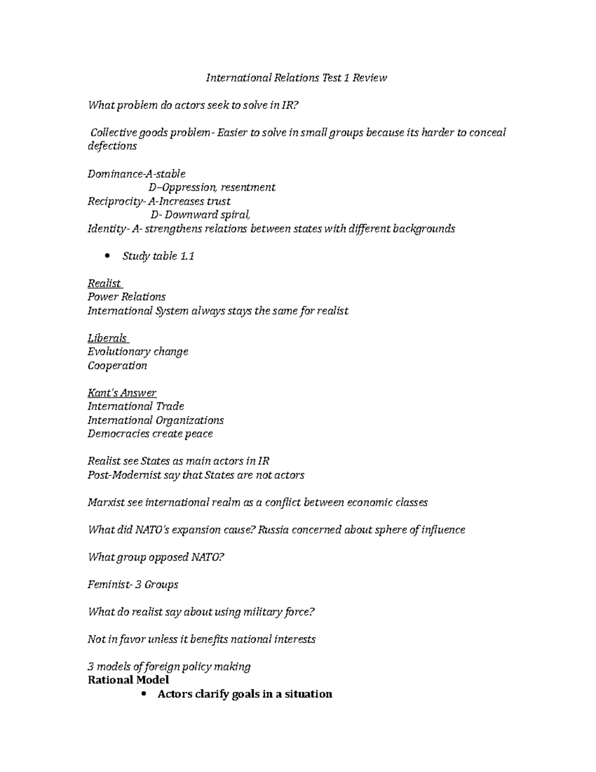 International Relations Test 1 Review - International Relations Test 1 ...