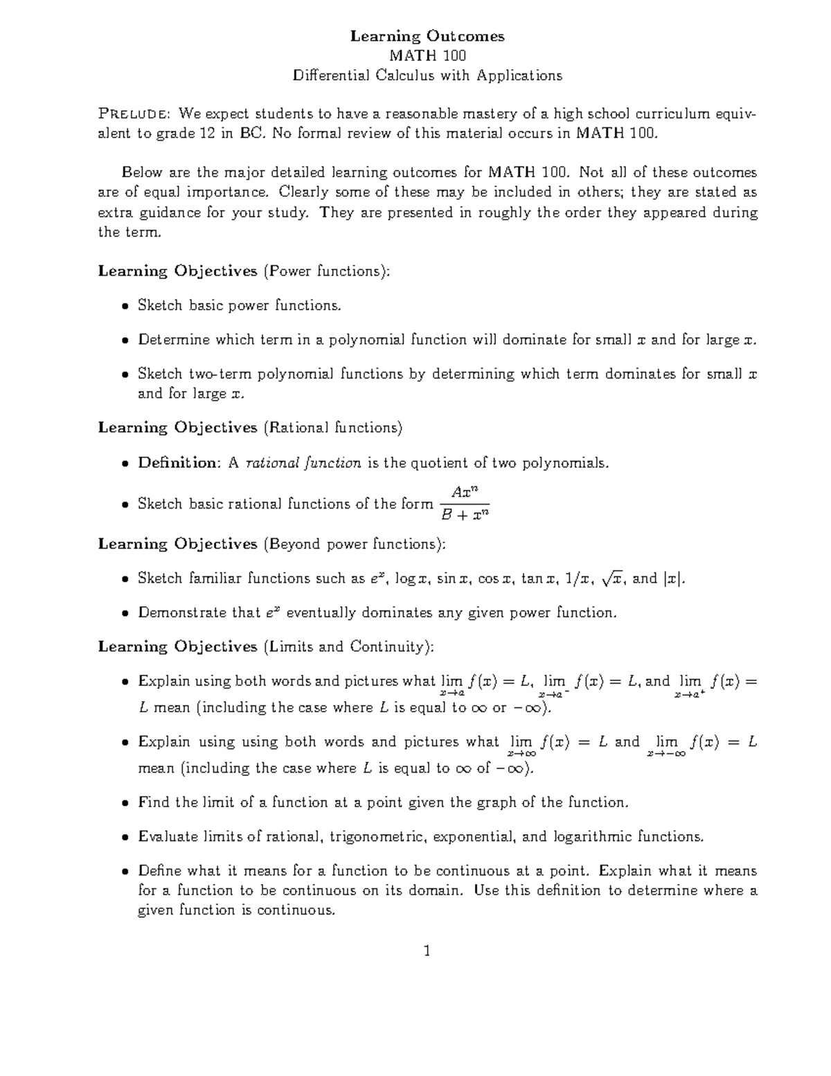 Flavour a learning outcomes - Learning Outcomes MATH 100 Differential ...