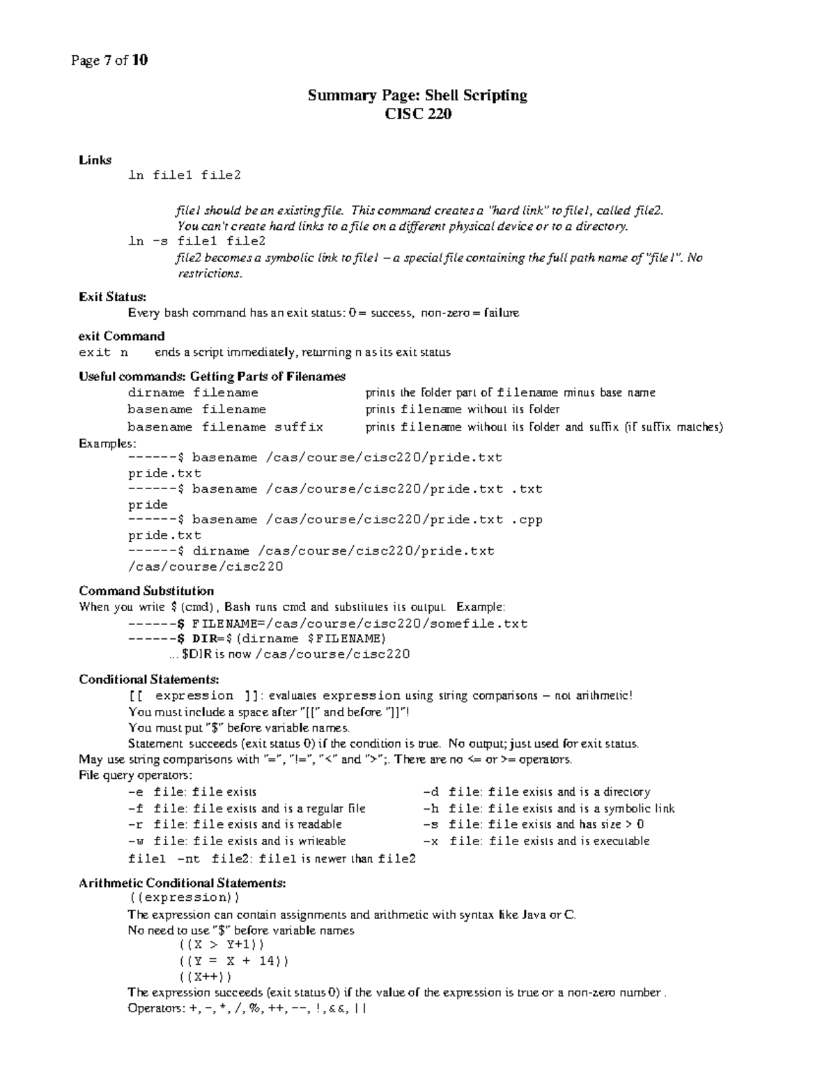 Exam appendix 1 combined - Links ln file1 file Summary Page: Shell Scripting CISC 220 file1 ...