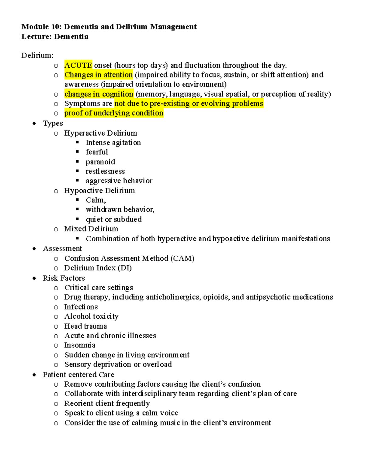 NUR 3975 MOD 10 - Module 10: Dementia and Delirium Management ...