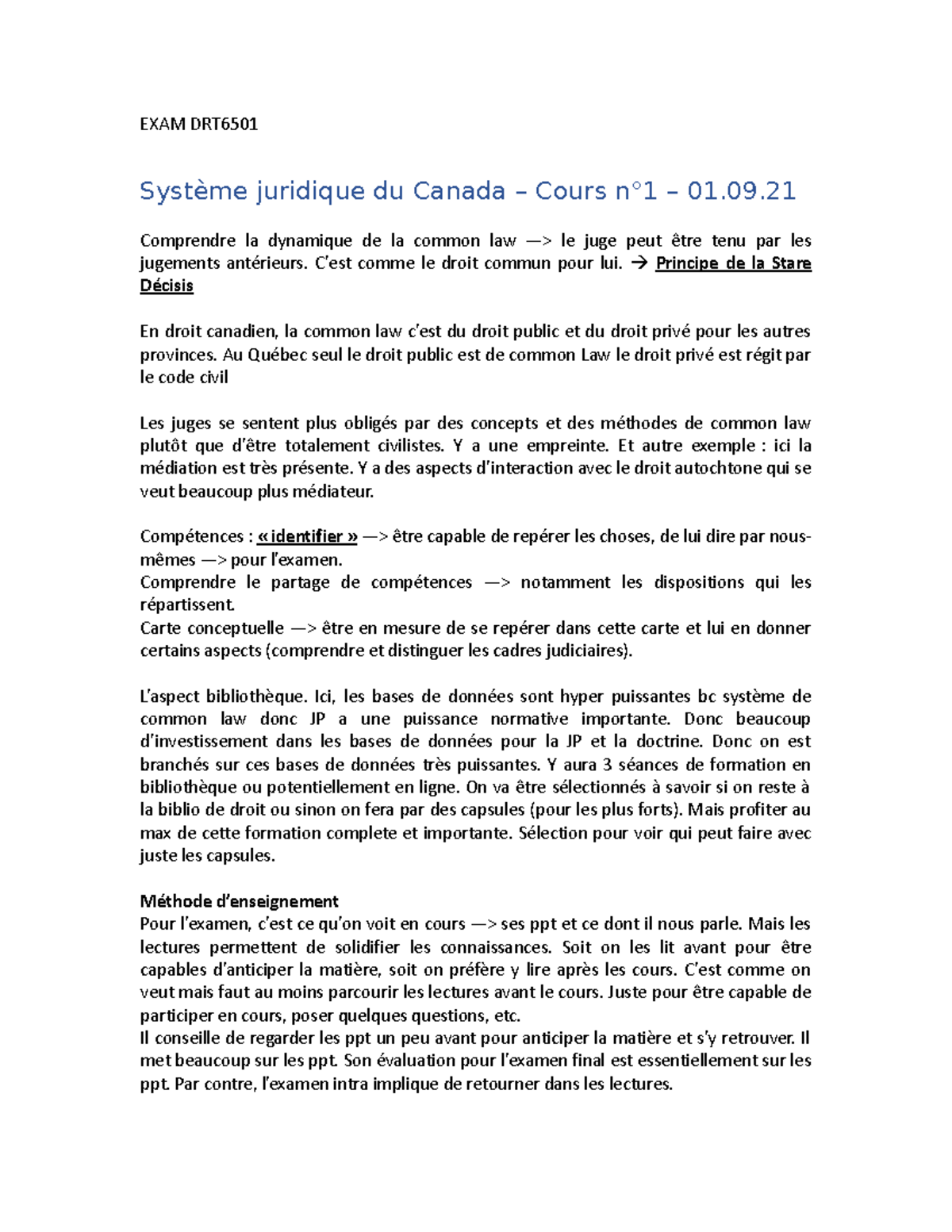 Cours complet - EXAM DRT Système juridique du Canada – Cours n°1 – 01 ...