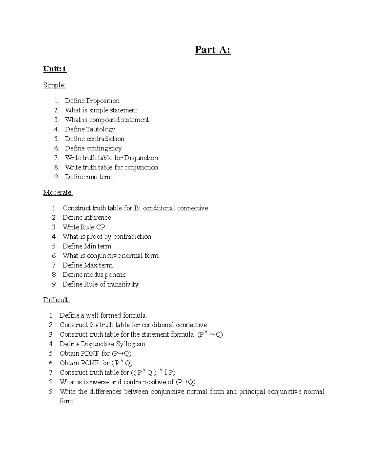 Question bank unit-1-2-3 DSGT - Part-A: Unit: Simple: Define Proposition What is simple ...
