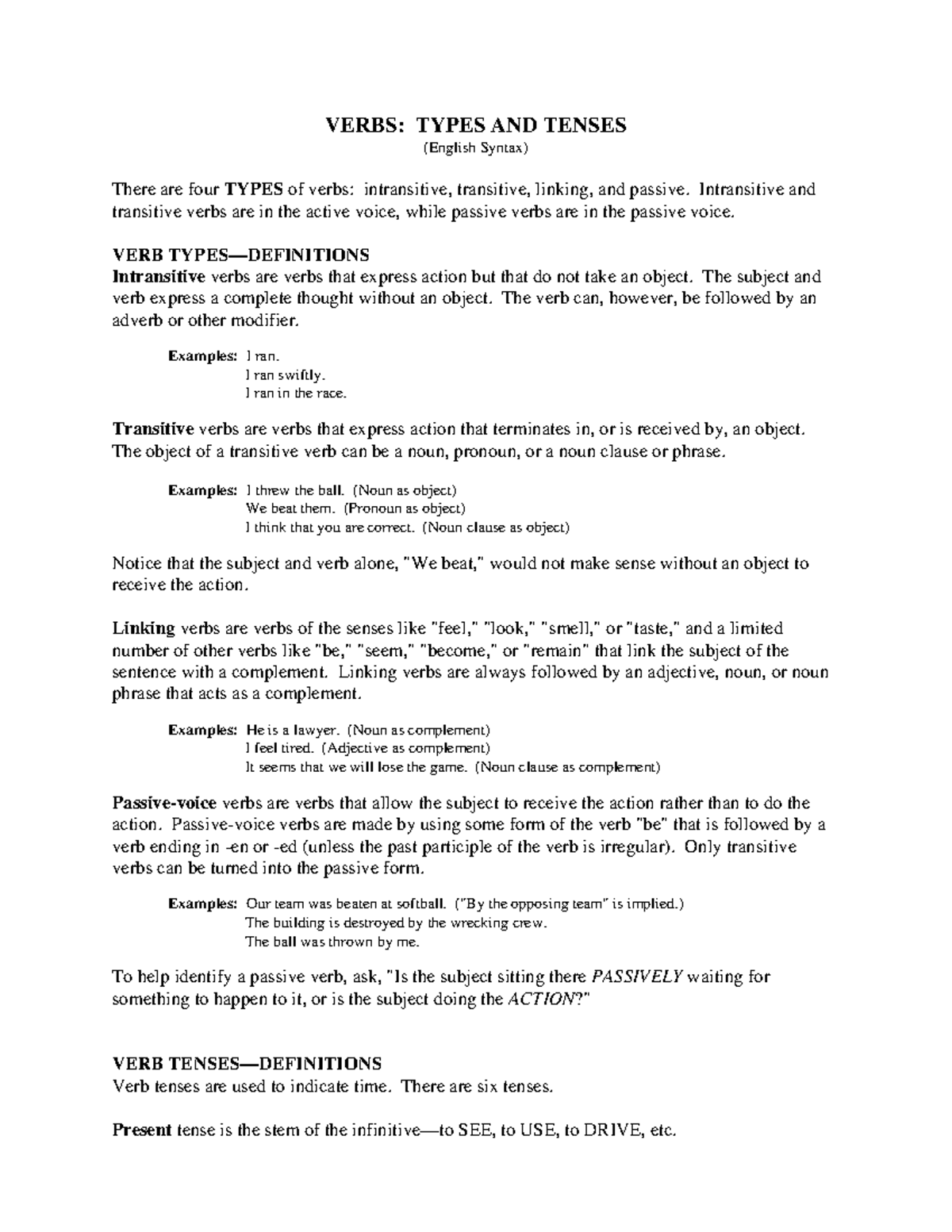 Verbs-Types and Tenses - VERBS: TYPES AND TENSES (English Syntax) There ...