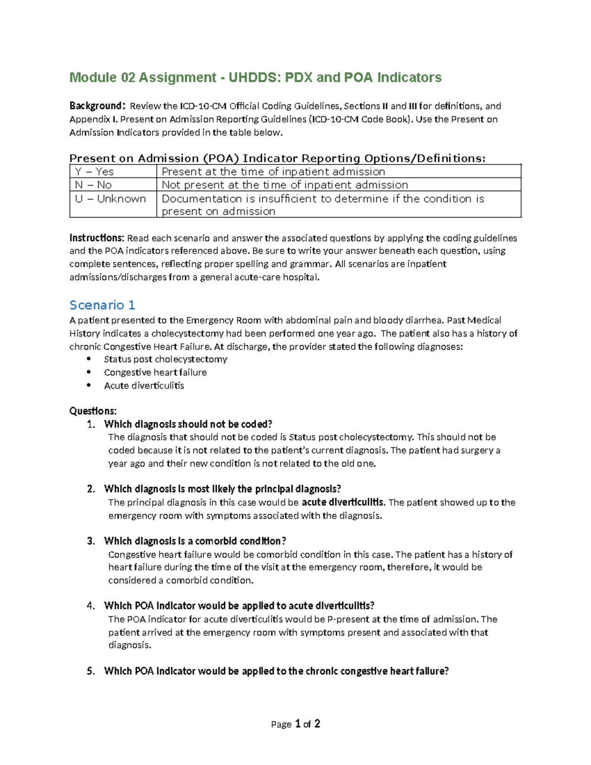 Uhdds - Module 02 Assignment - UHDDS: PDX and POA Indicators Background: Review the ICD-10-CM ...