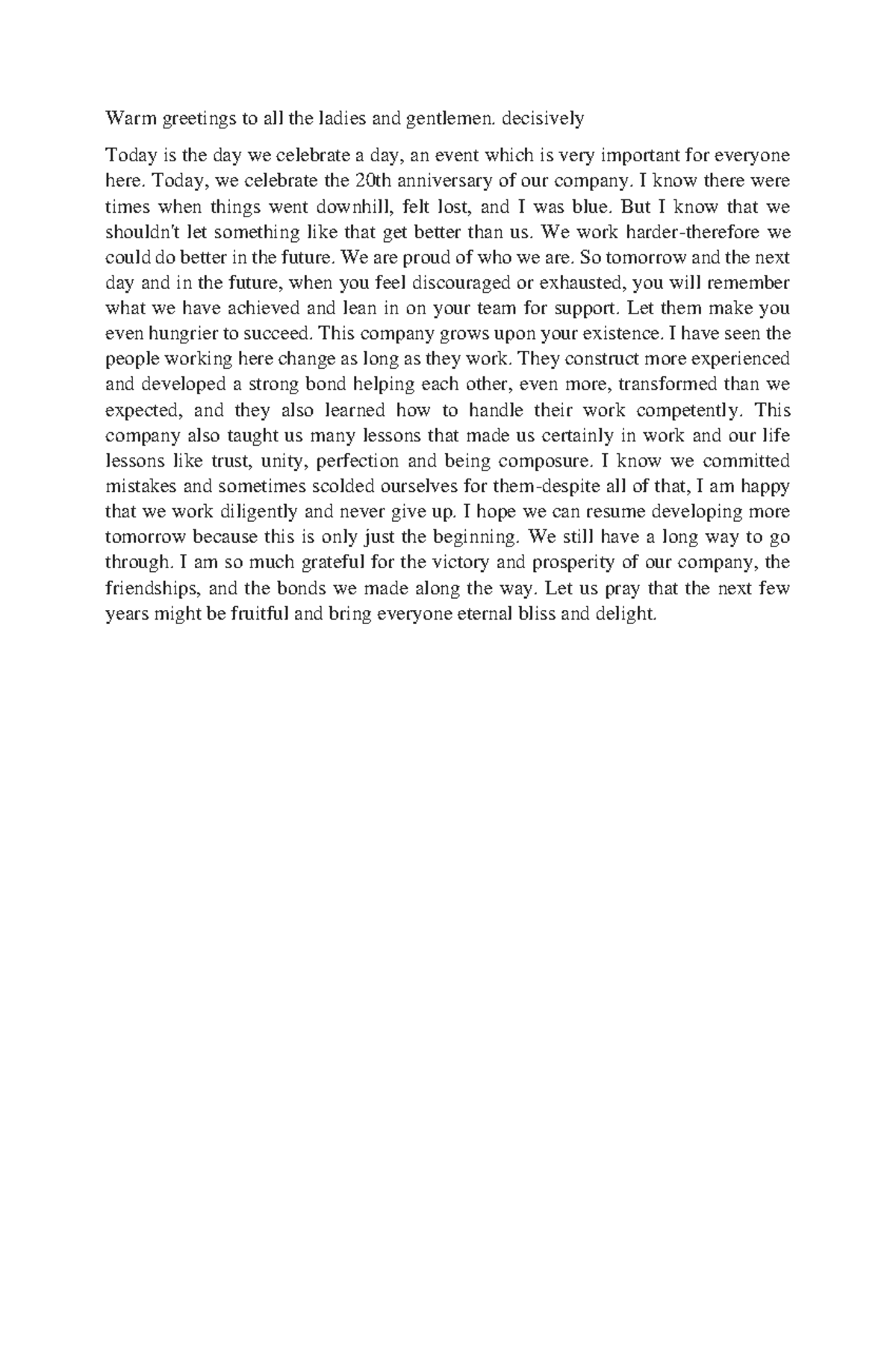 Speech Script - Essay - Warm greetings to all the ladies and gentlemen ...