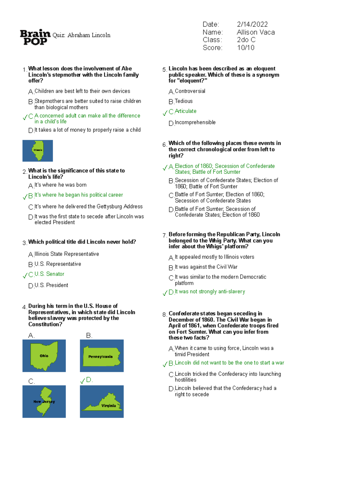 Abraham Lincoln Quiz - Brain POP English - Quiz: Abraham Lincoln Date ...