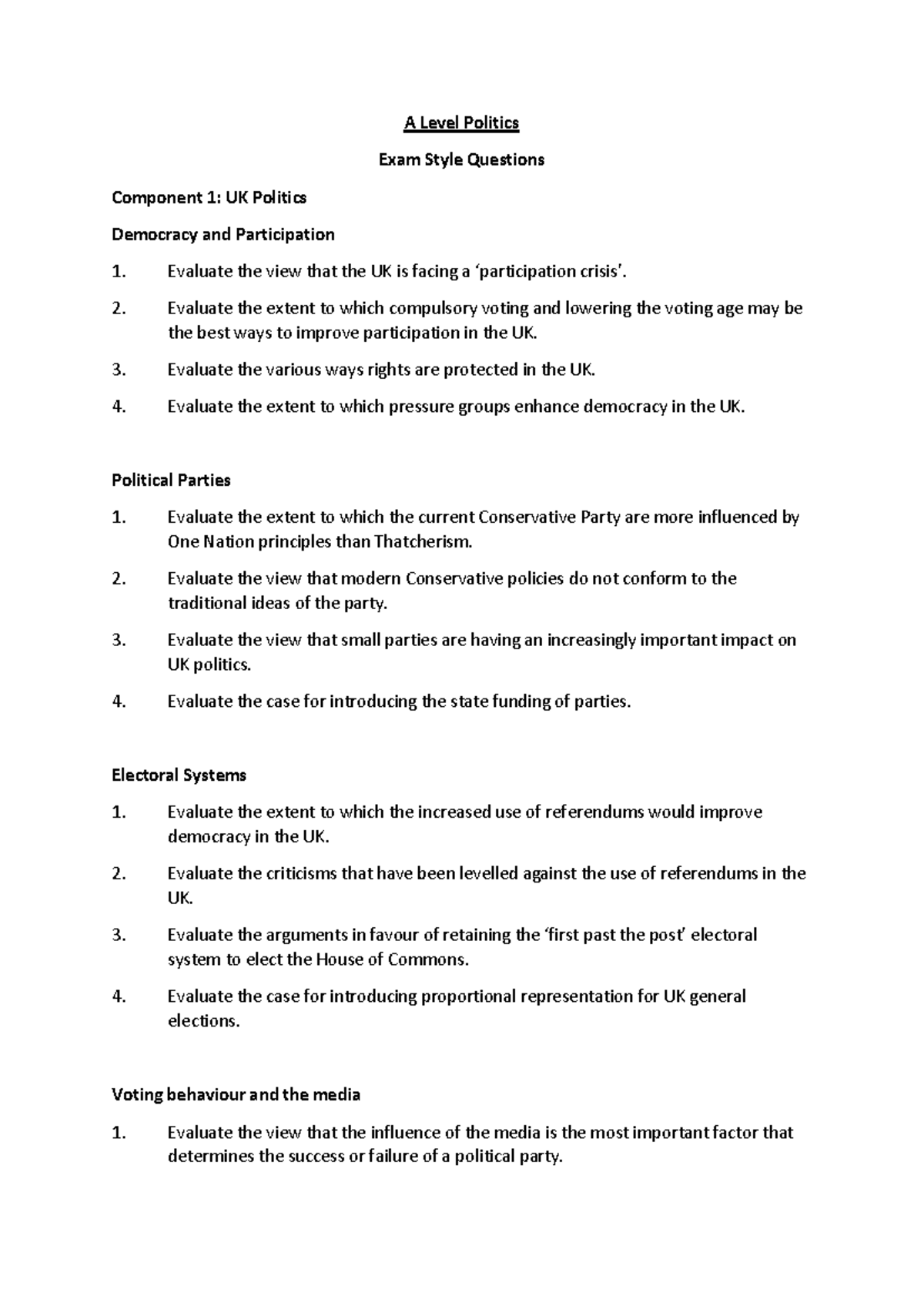 Politics questions - A Level Politics Exam Style Questions Component 1 ...