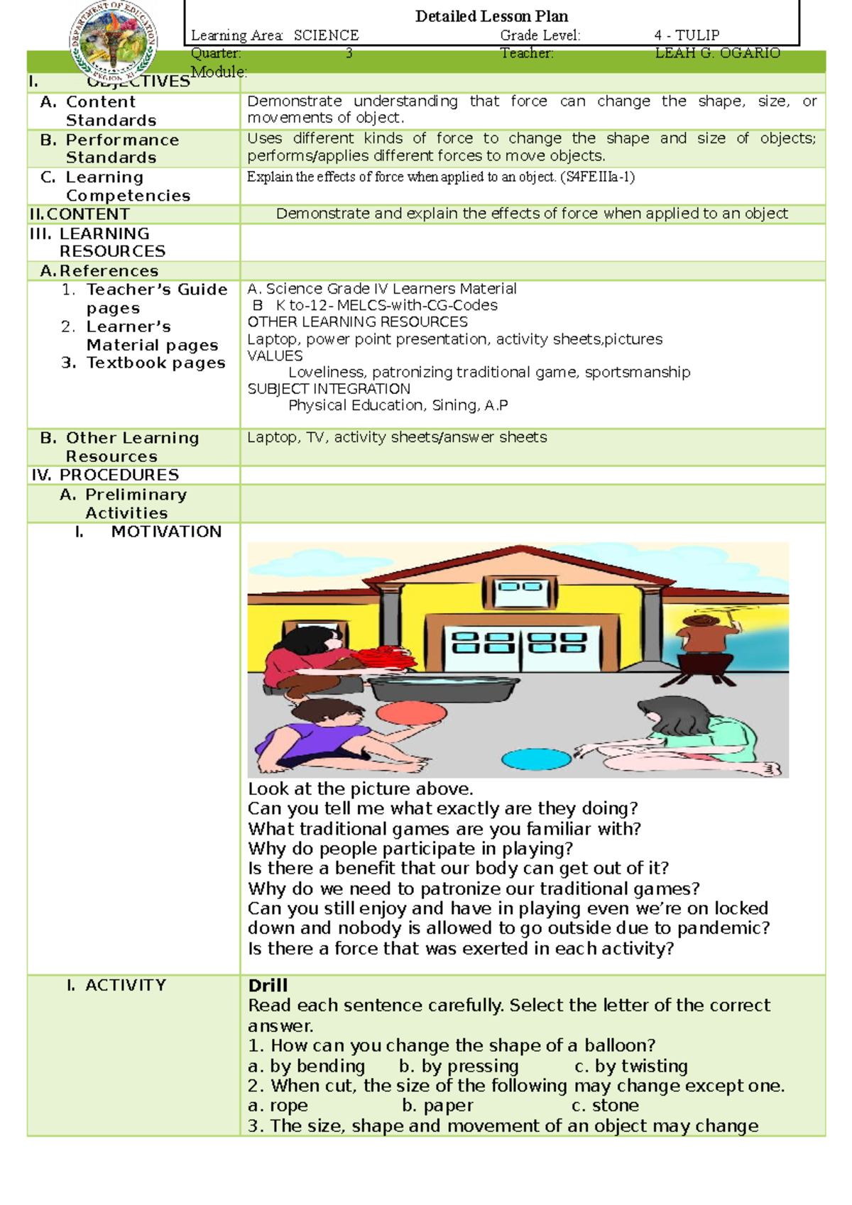 DLP-NEW- Normal-science 3rd quarter - I. OBJECTIVES A. Content ...