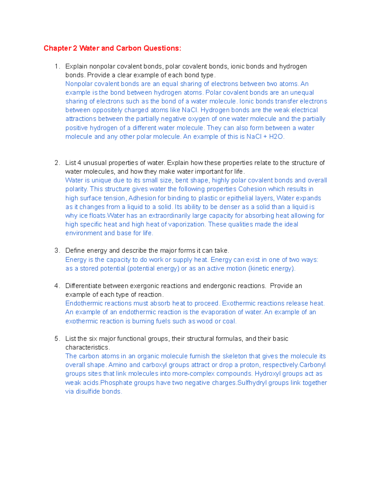 Chapter 2 Water and Carbon Questions - Chapter 2 Water and Carbon ...