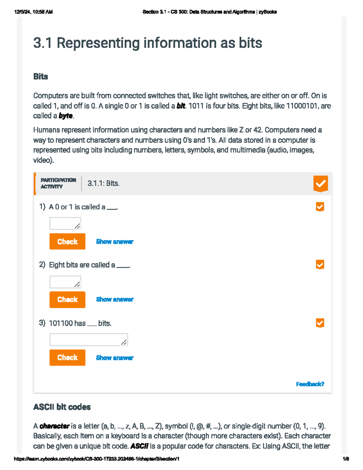 Zybooks 3.1 Representing information as bits - 10:58 AM Section 3 CS 300: Data Structures and ...