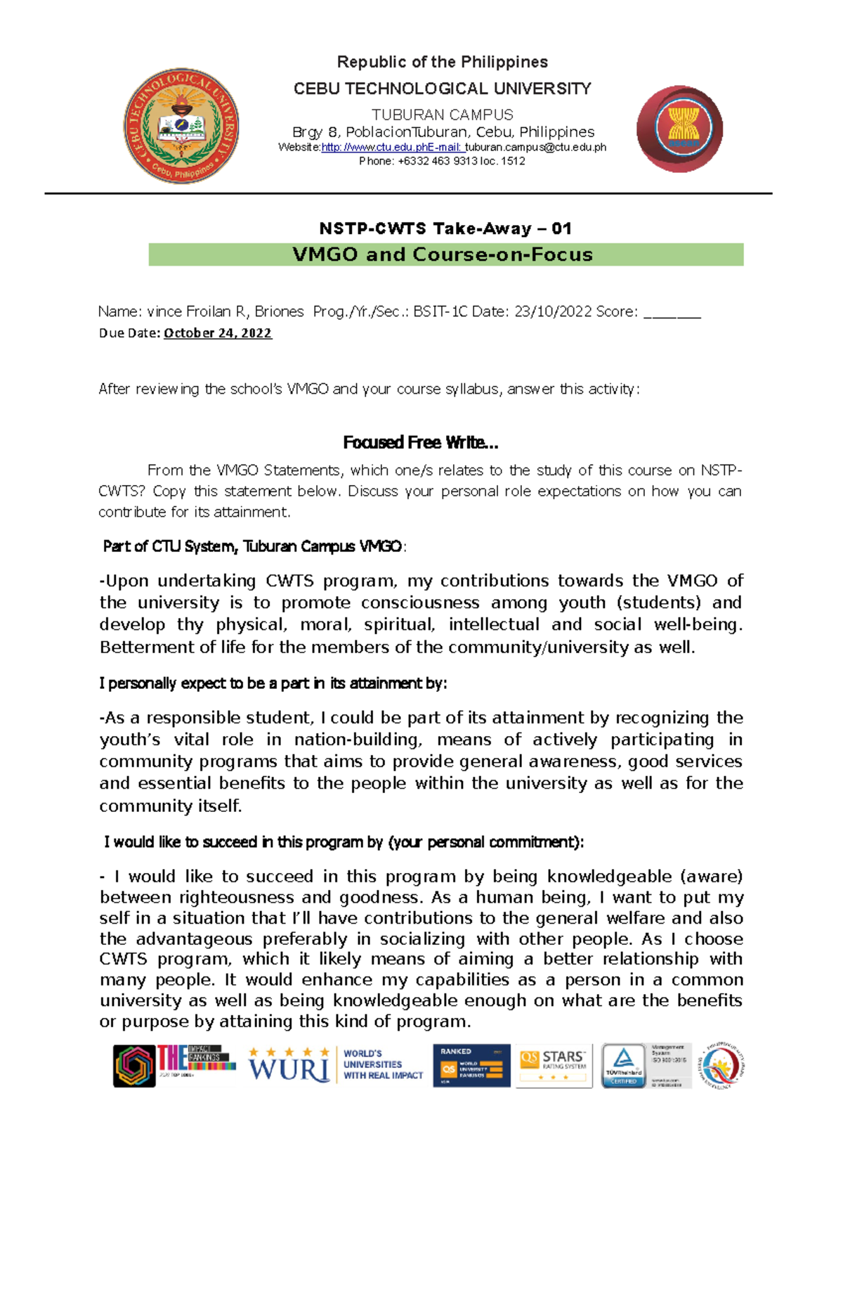 Rotc cwts - dasdsa - Republic of the Philippines CEBU TECHNOLOGICAL ...