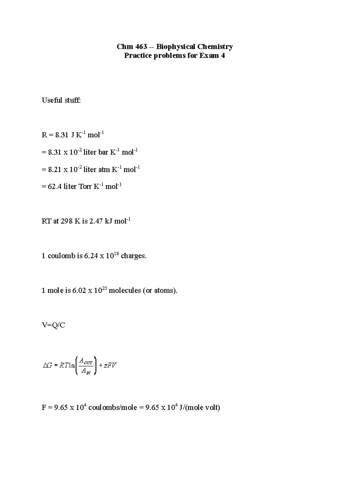Chm 463 - Questions - Biophysical Chemistry - Chm 463 - Biophysical ...